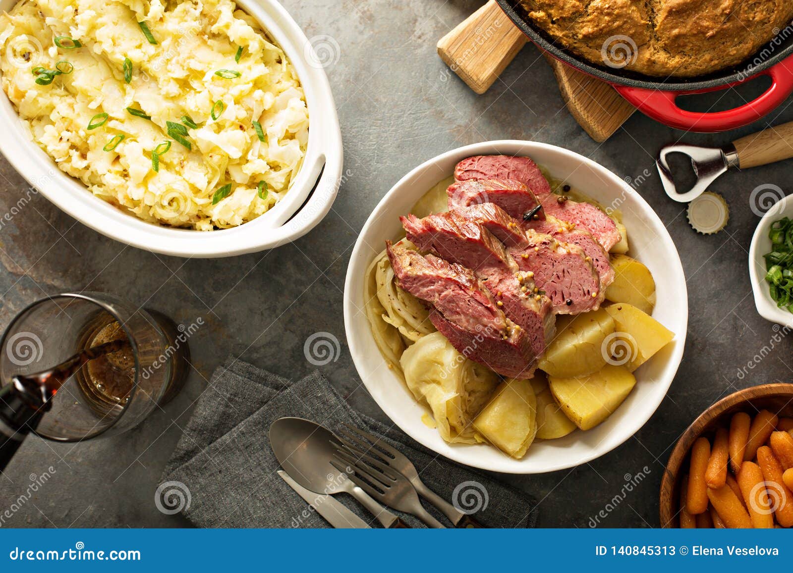 Irish Dinner with Corned Beef, Colcannon and Soda Bread Stock Image ...