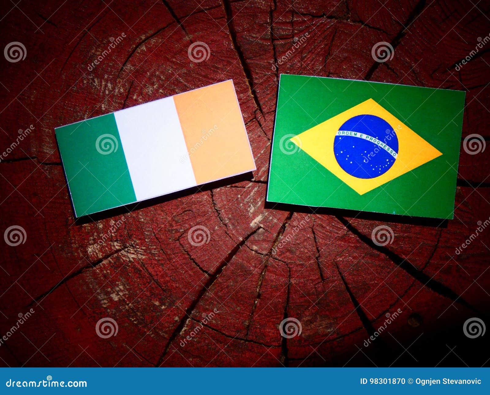 Irish Flag with Brazilian Flag on a Tree Stump Isolated Stock Photo ...