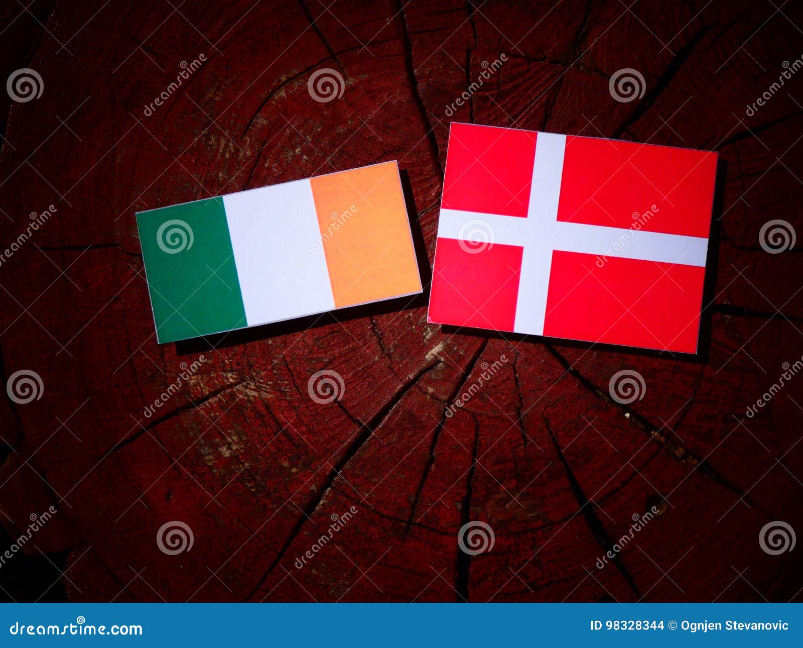 Irish Flag with Danish Flag on a Tree Stump Isolated Stock Photo ...