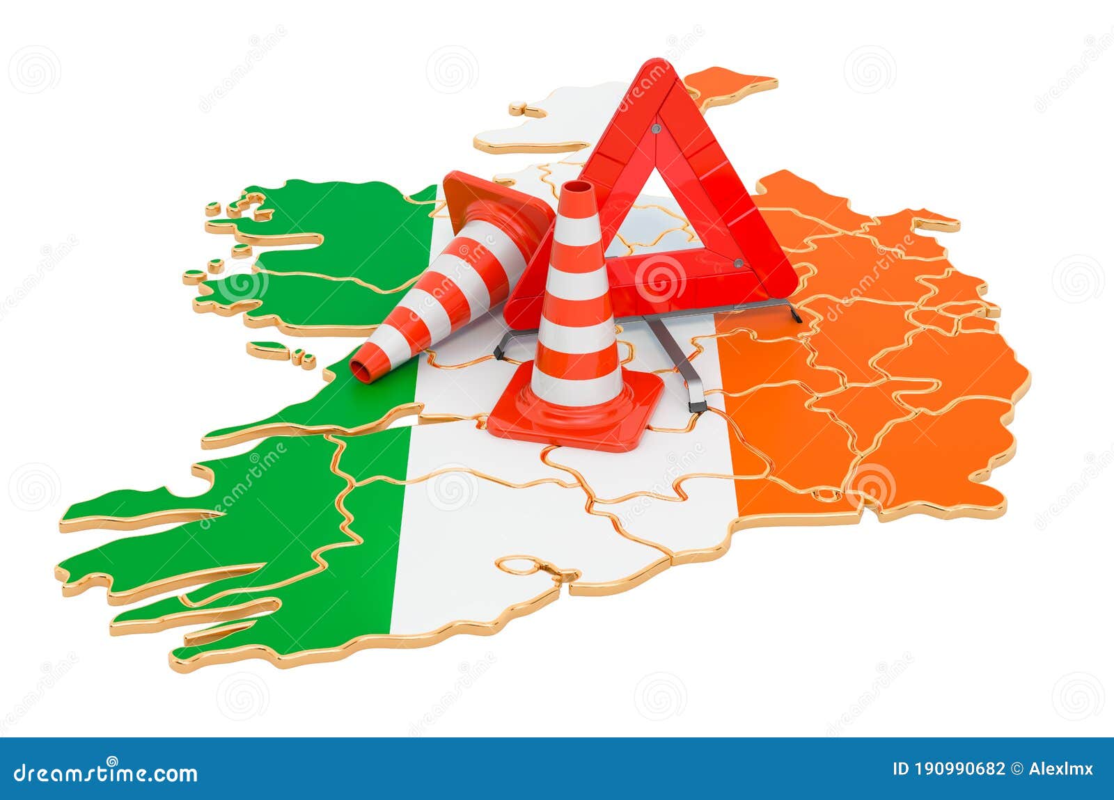 Irish Map with Traffic Cones and Warning Triangle, 3D Rendering Stock ...