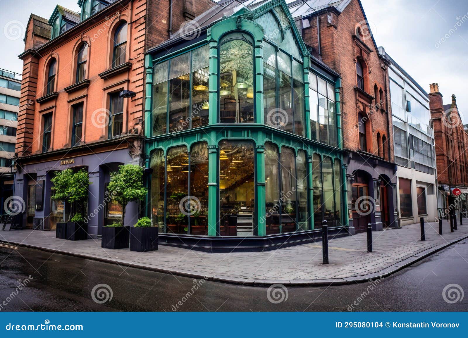 Irish Pub in Contemporary Building Window Facade. Green Decor Elements ...