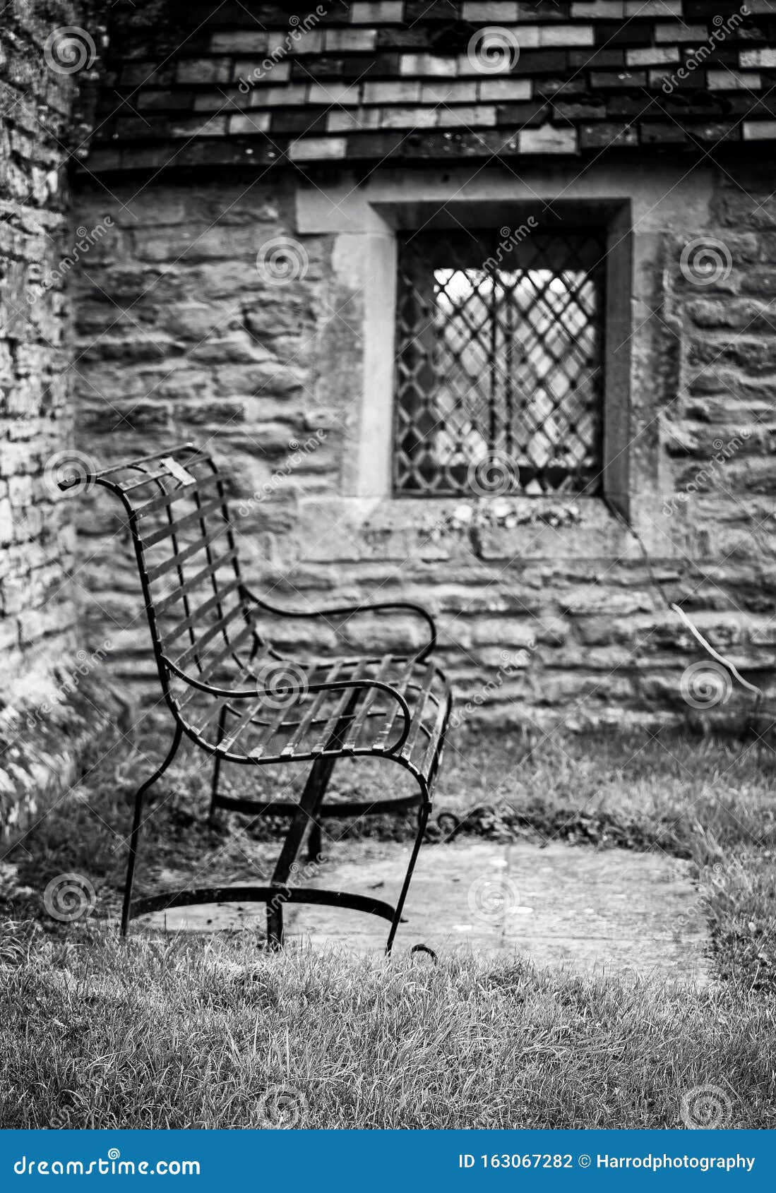 Iron Bench and Church Window Monochrome Stock Photo - Image of park ...