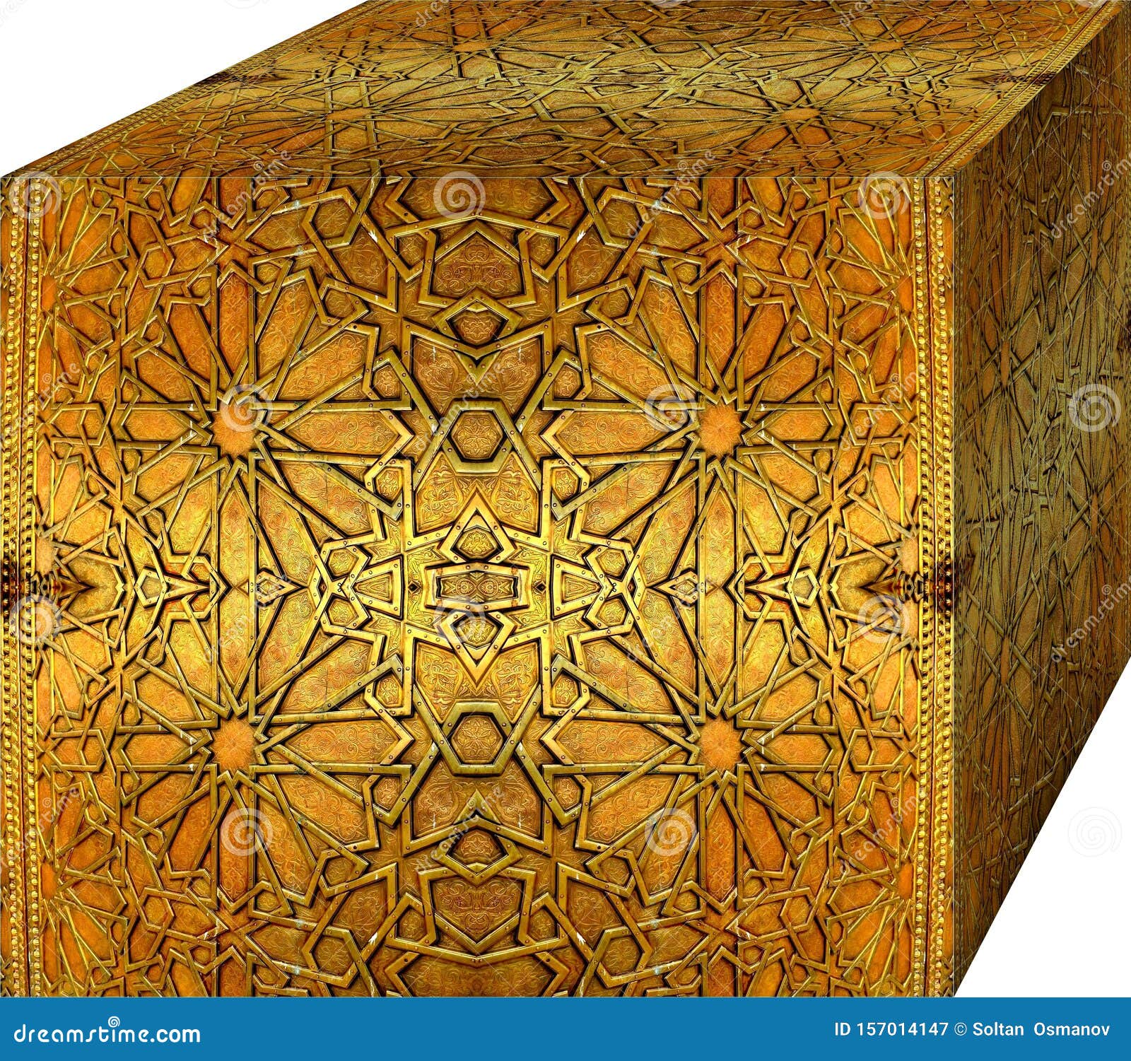 Iron Cube with Oriental Patterns and Ornaments. Background. 3D Stock ...