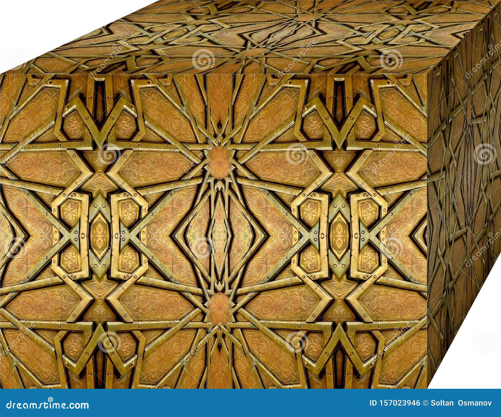 Iron Cube with Oriental Patterns and Ornaments. Background. 3D Stock ...