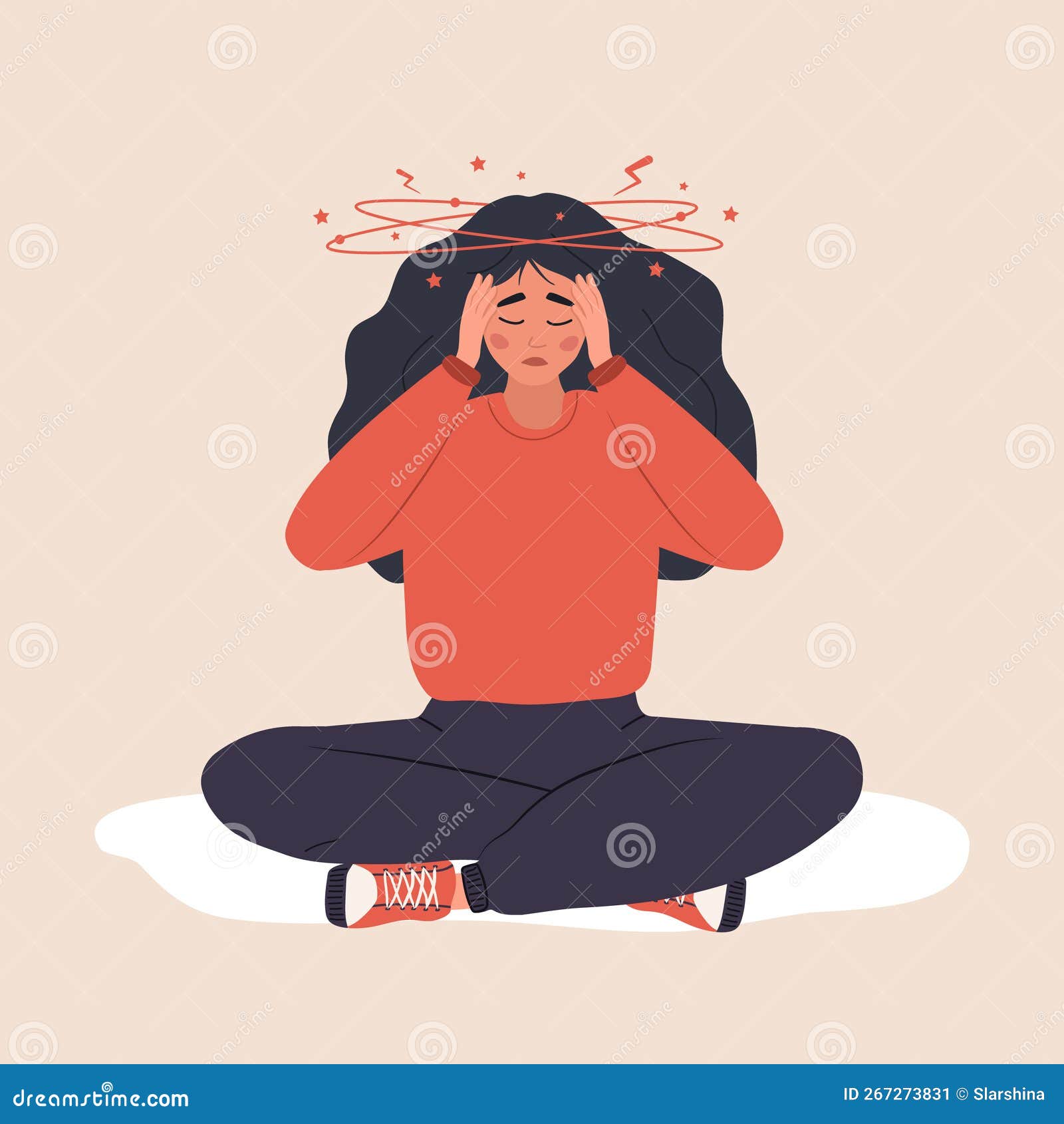 Iron Deficiency Anemia Sad Woman With Dizziness Sitting On Floor