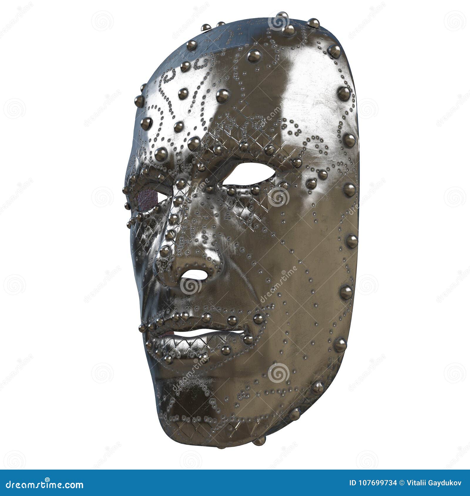 Iron Fantasy Mask on Face with Patterns on Isolated White Background ...