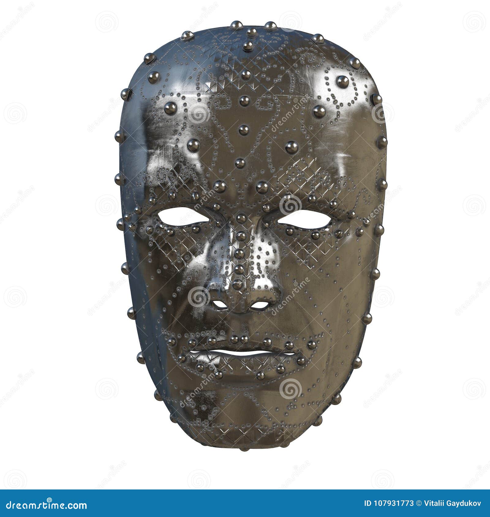 Iron Fantasy Mask on Face with Patterns on Isolated White Background ...