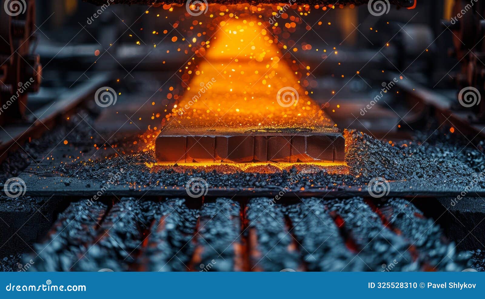 Steel Billets At Torch Cutting. Hot Billet Bloom Continuous Casting ...