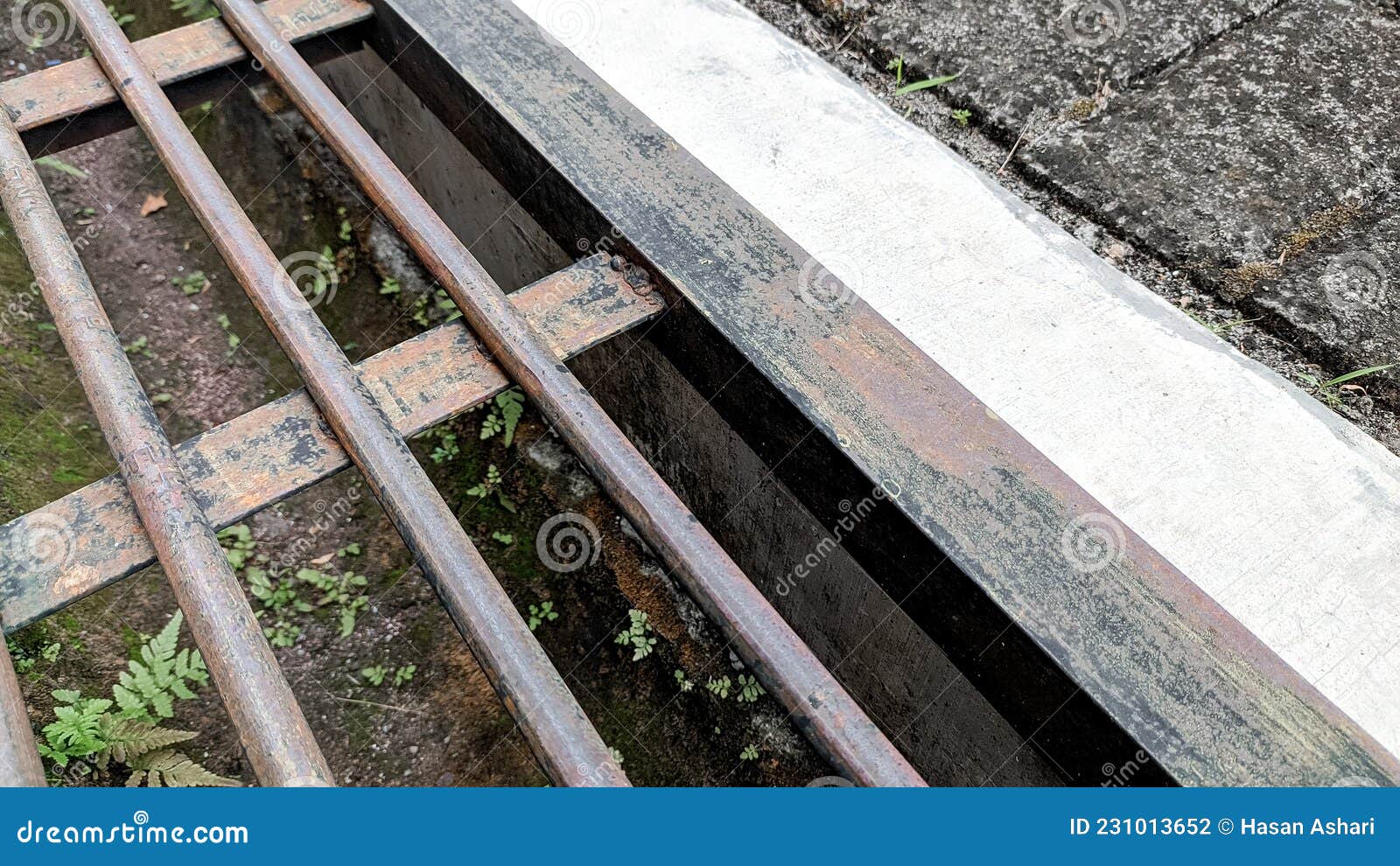 Iron Grate Drainage Channel on Pedestrian Path. Drains with Iron Bars ...