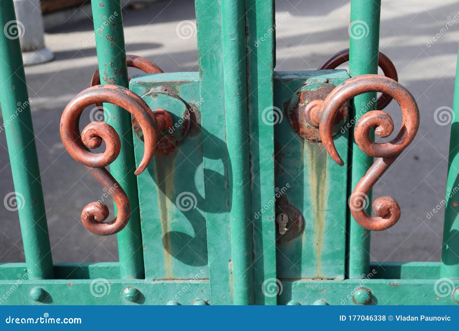 Iron Green Gate Red Handles Stock Photo - Image of gate, architecture ...