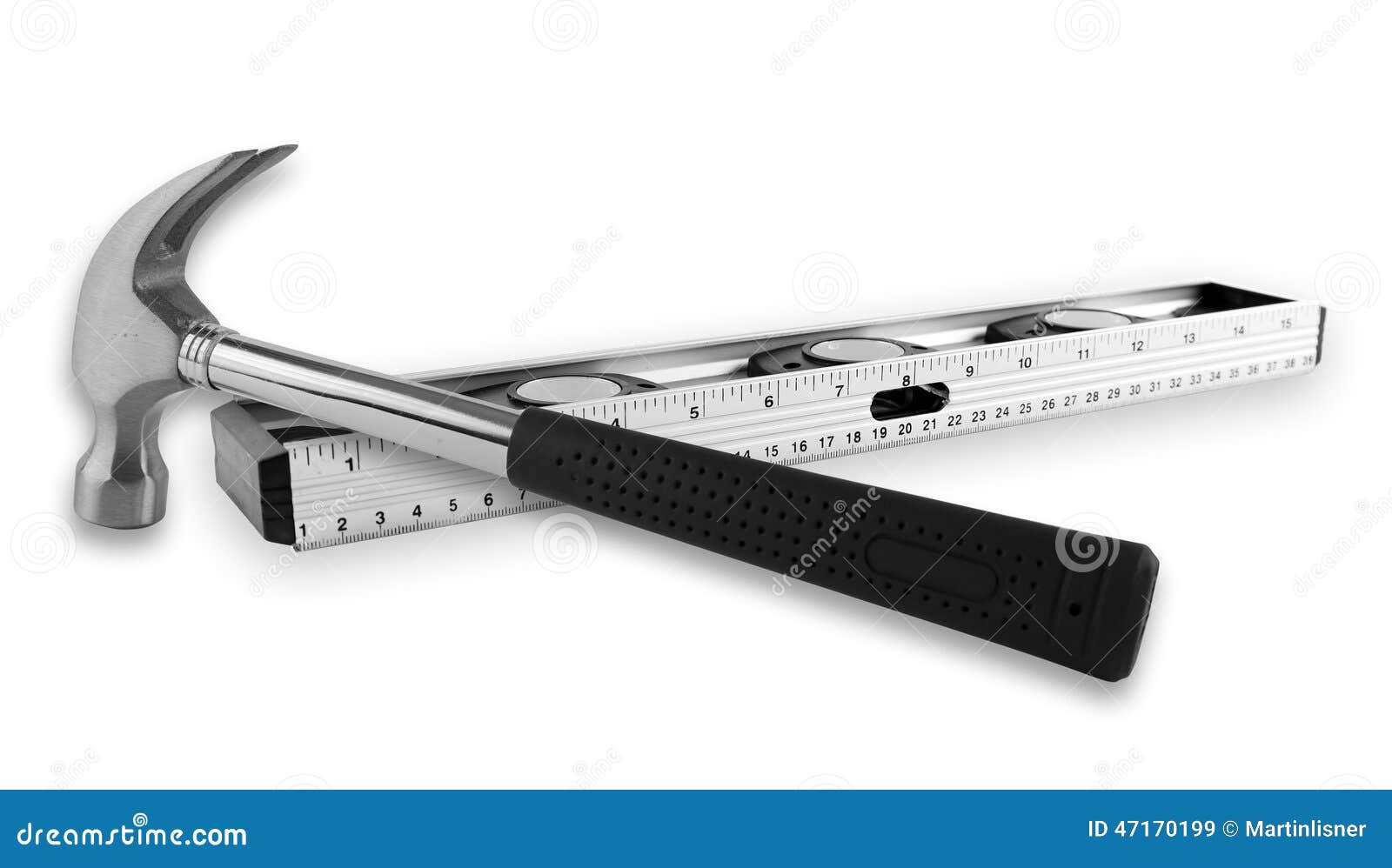Iron Hammer and Grey Spirit Level Isolated on White Stock Image - Image ...