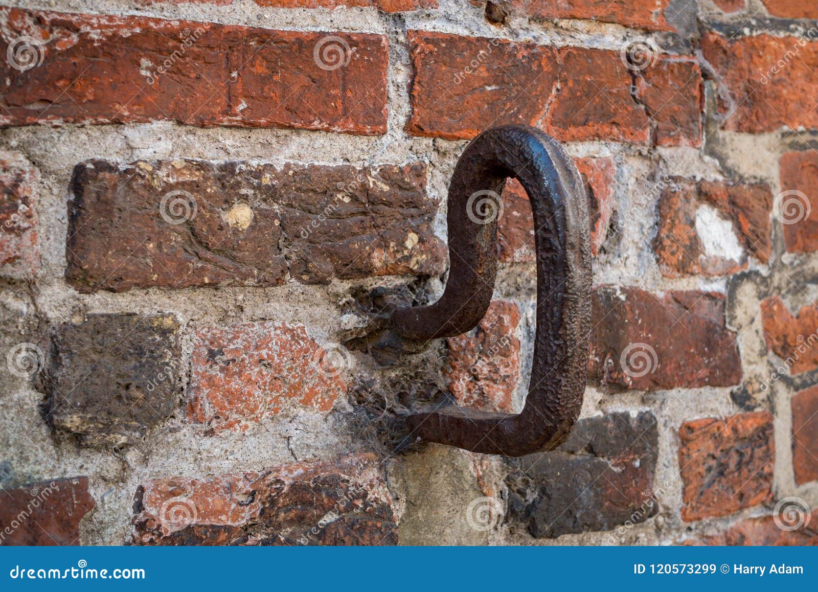 Iron hooks in a brick wall stock image. Image of outdoors - 120573299