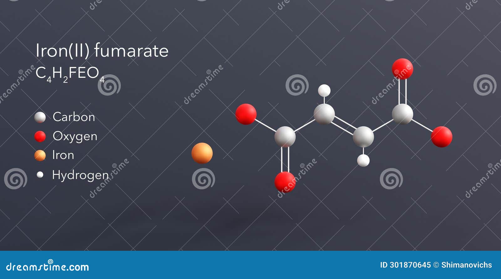 Iron(ii) Fumarate Molecule 3d Rendering, Flat Molecular Structure With ...