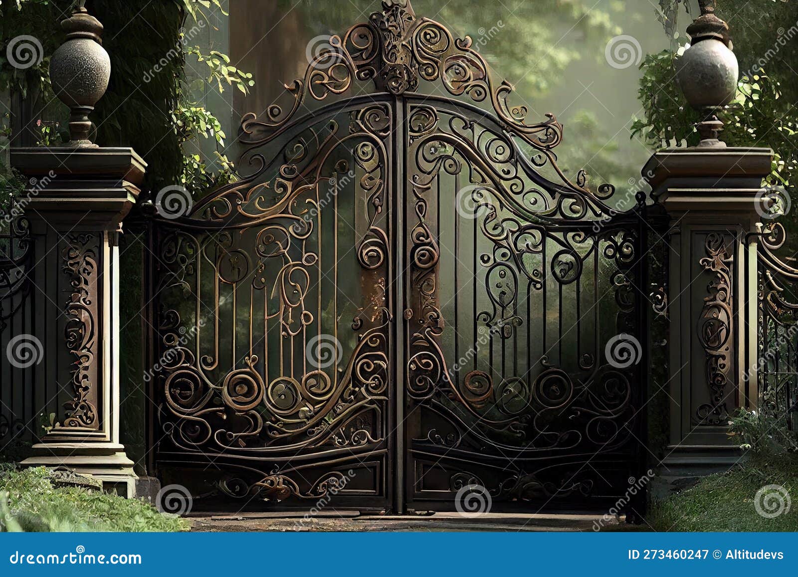 Iron Mansion Gates with Intricate Scrollwork, Surrounded by Lush ...