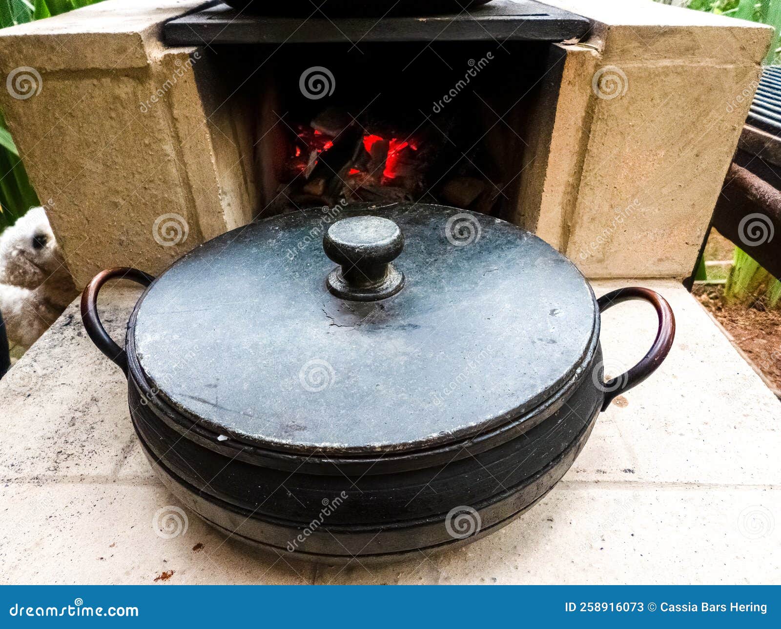Iron Pan on a Rustic Brick Stove. Cooking Outside Stock Image - Image ...