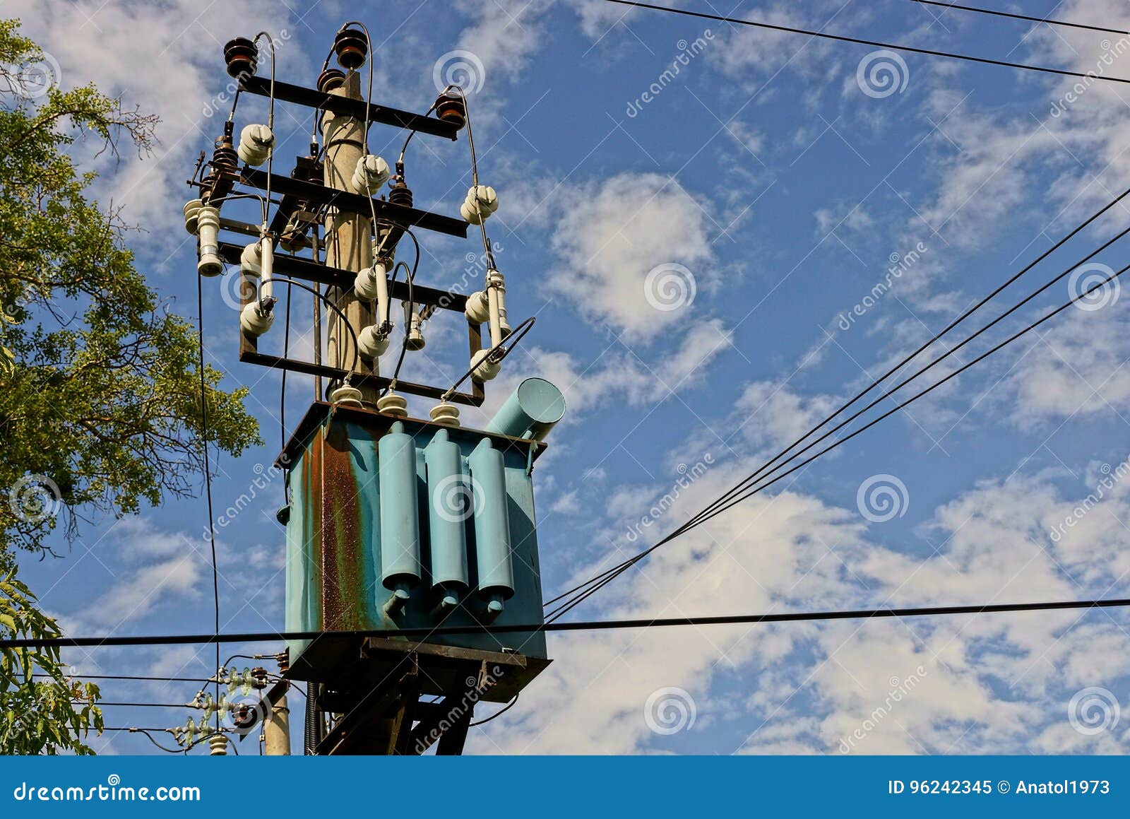 Iron Rusty Electrical Transformer on a Pole with Wires Stock Image ...