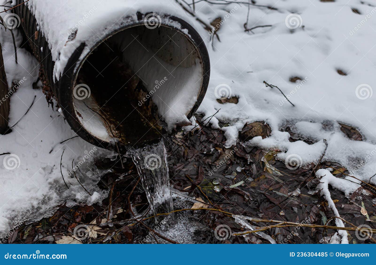 An Iron Snow-covered Pipe from Which a Stream of Water Flows Stock ...