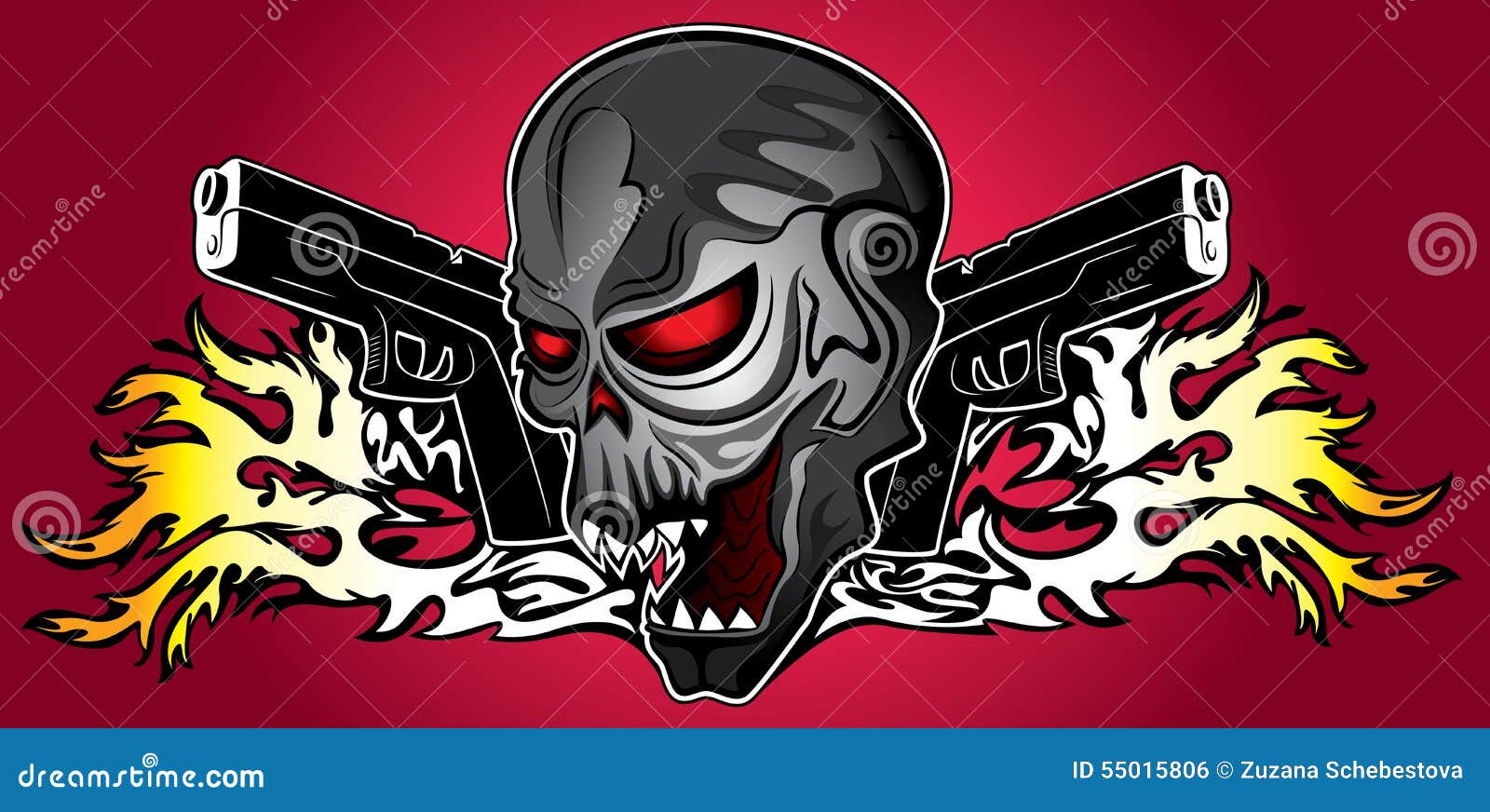 Iron Terminator Cyber Human Skull With Pistols And Fire Flames ...