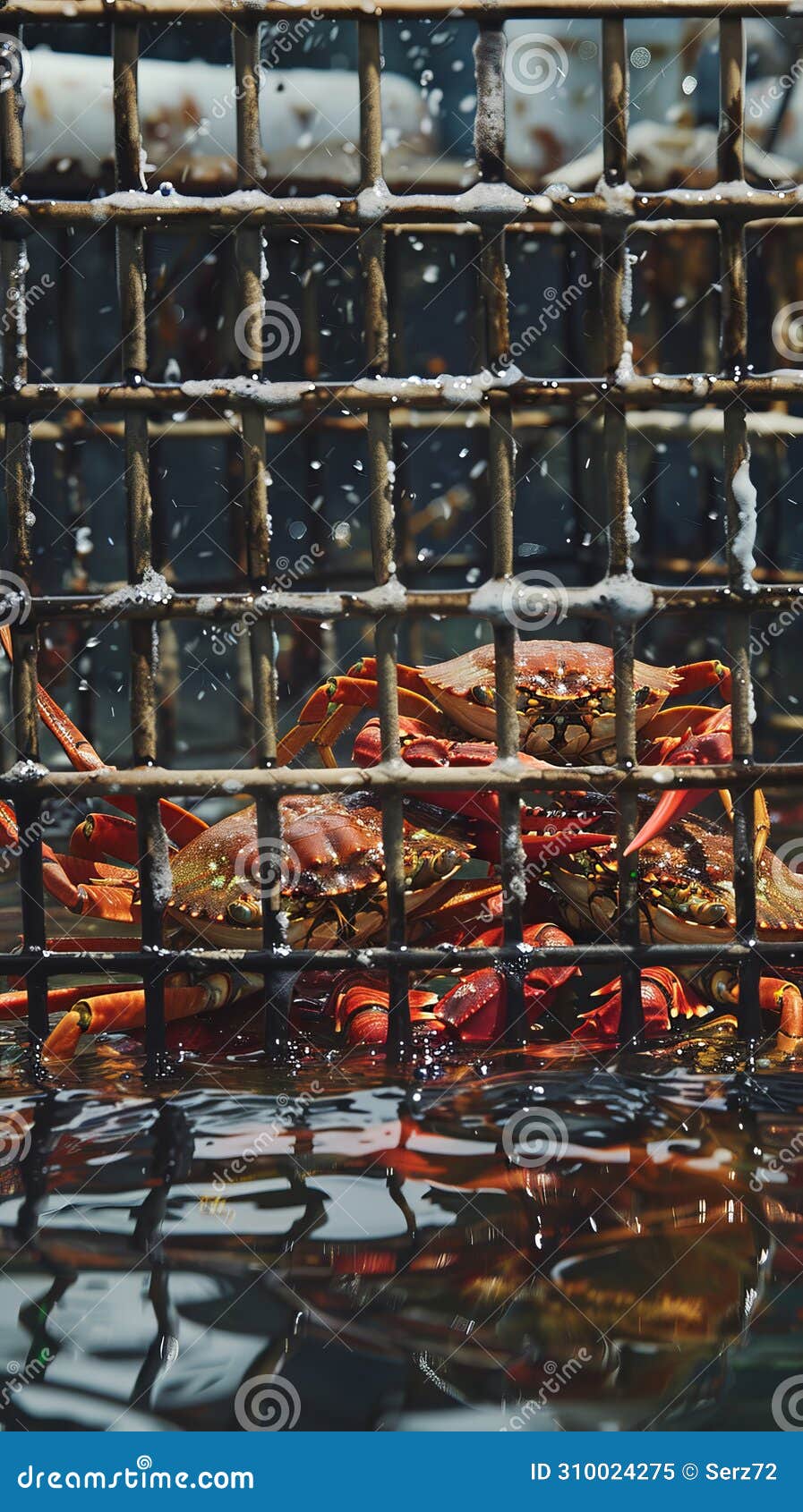 Iron Traps Cage with Red King Crabs in the Water, Catching Crabs from a ...