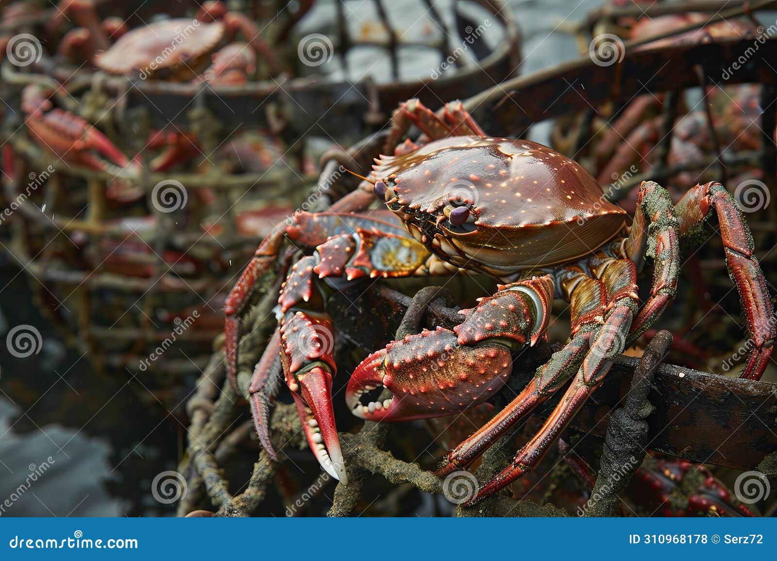 Iron Traps Cage with Red King Crabs in the Water, Catching Crabs from a ...