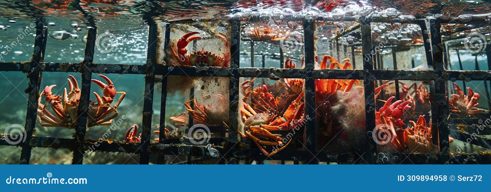 Iron Traps Cage With Red King Crabs In The Water, Catching Crabs From A ...