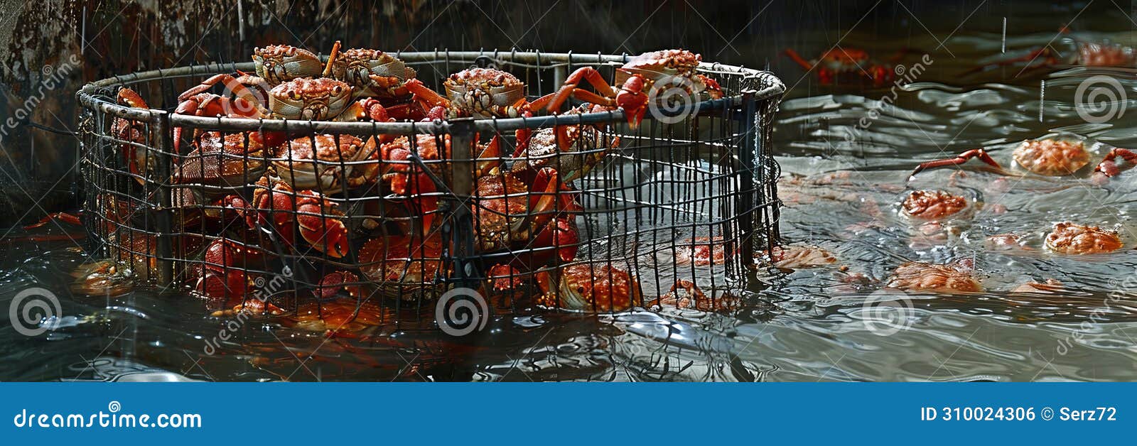 Iron Traps Cage With Red King Crabs In The Water, Catching Crabs From A ...