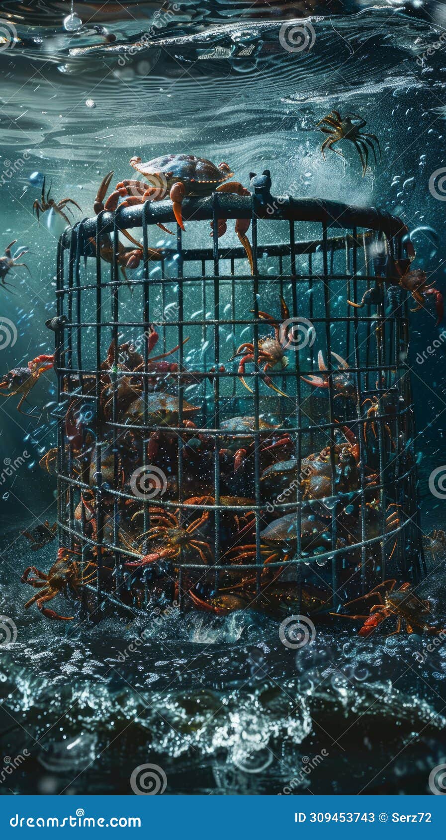 Iron Traps Cage With Red King Crabs In The Water, Catching Crabs From A ...
