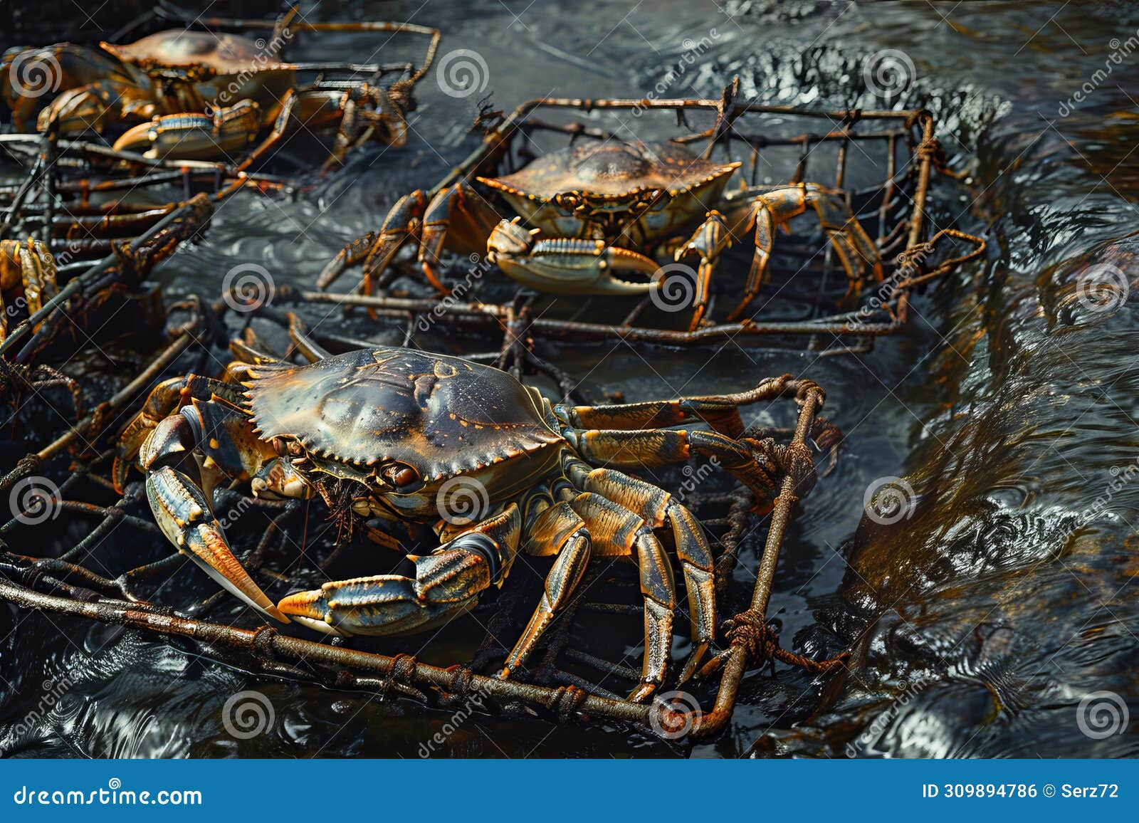 Iron Traps with Small Crabs in the Water, Catching Crabs from a Ship ...