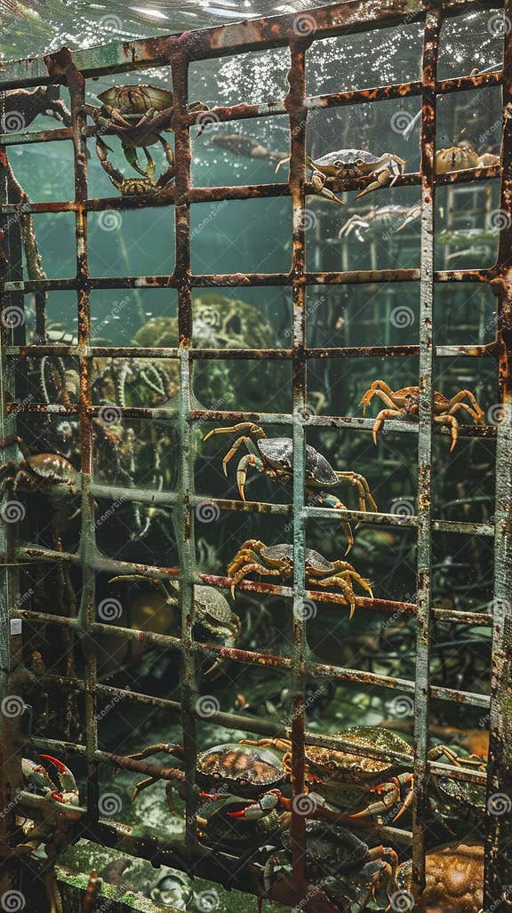 Iron Traps with Small Crabs in the Water, Catching Crabs from a Ship ...