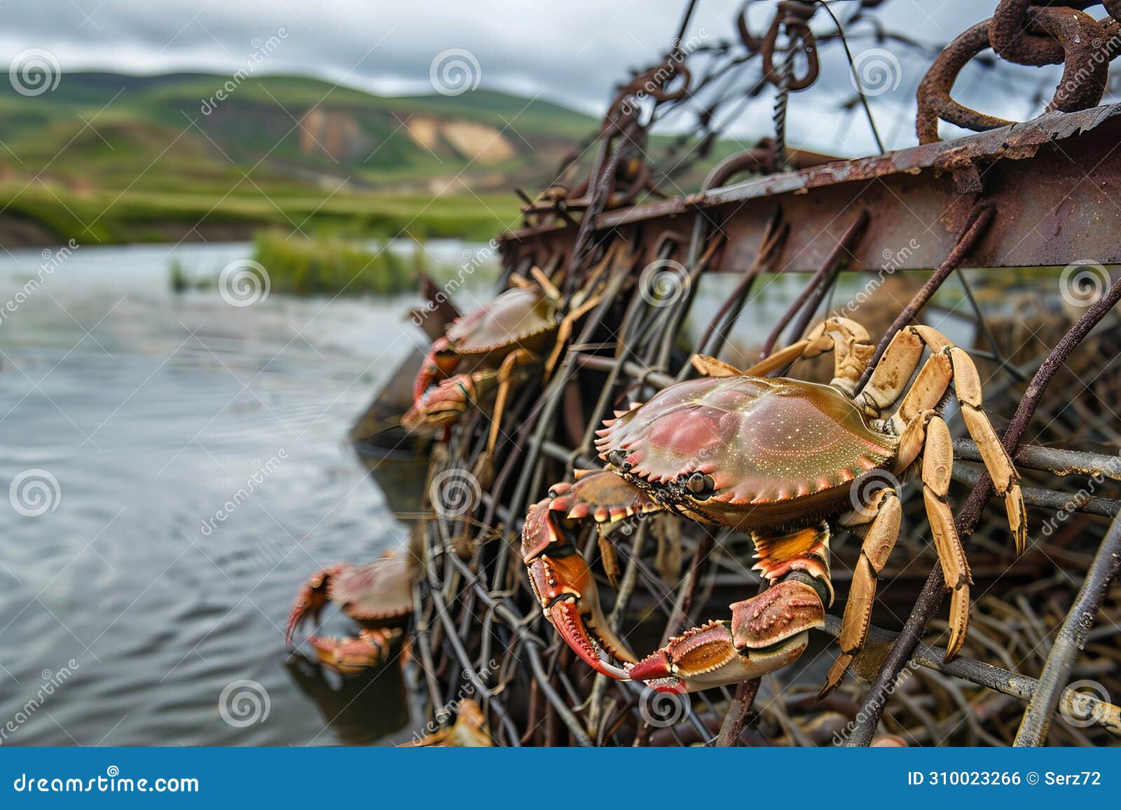 Iron Traps Cage With Red King Crabs In The Water, Catching Crabs From A ...