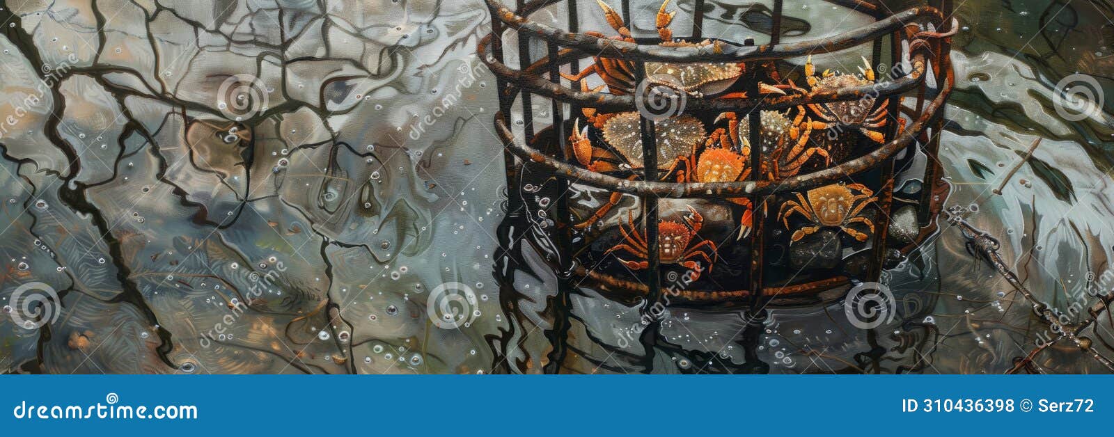 Iron Traps Cage With Red King Crabs In The Water, Catching Crabs From A ...