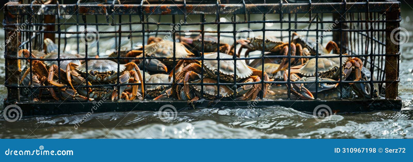Iron Traps with Small Crabs in the Water, Catching Crabs from a Ship ...