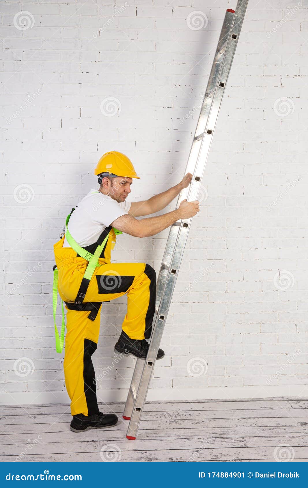 Irresponsible Use of a Ladder during Construction Work. Stock Image ...
