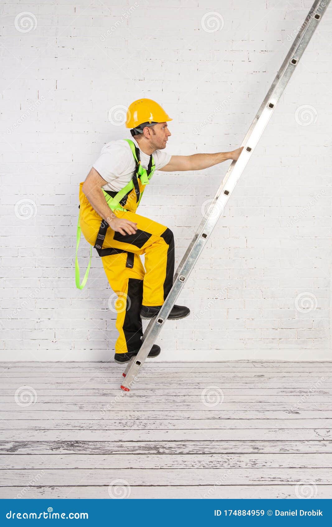 Irresponsible Use of a Ladder during Construction Work. Stock Image ...