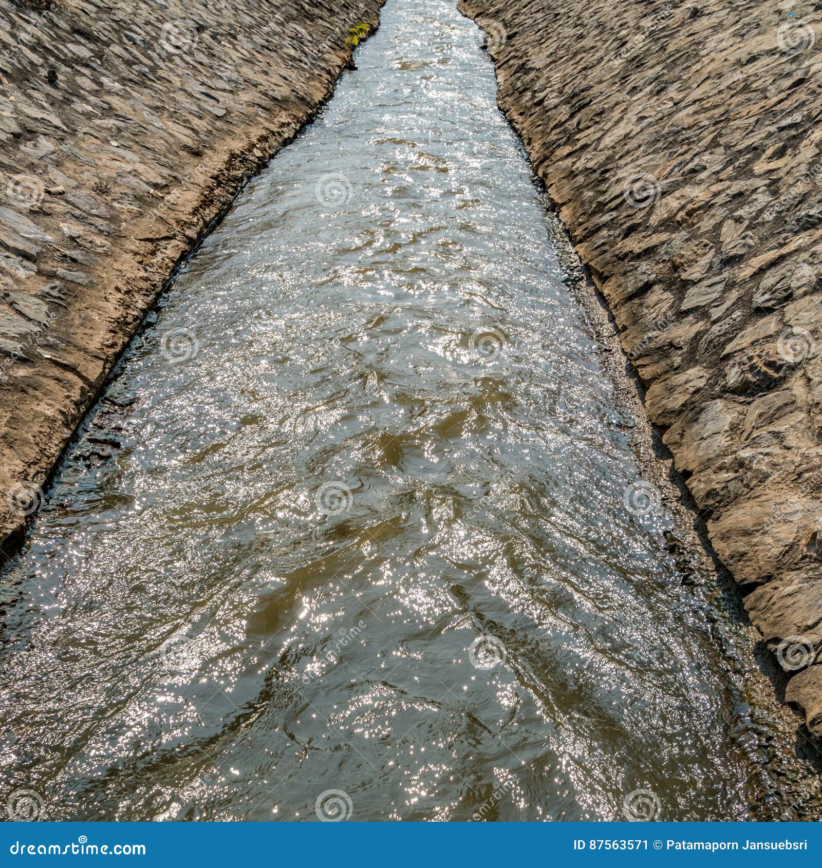 Irrigation Canal with Stone Wall Stock Image - Image of stream, river ...
