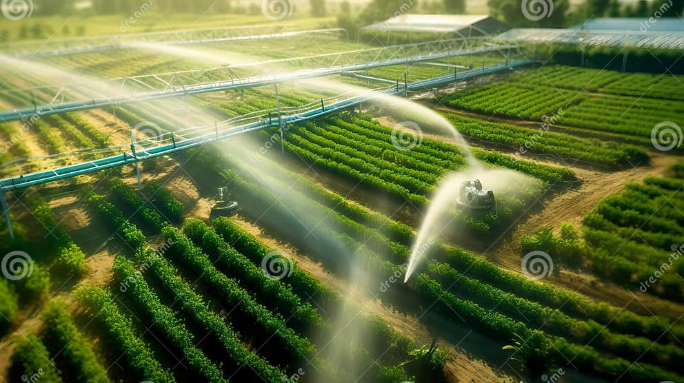 Irrigation System in Action. an Overhead View of a Farm with a ...