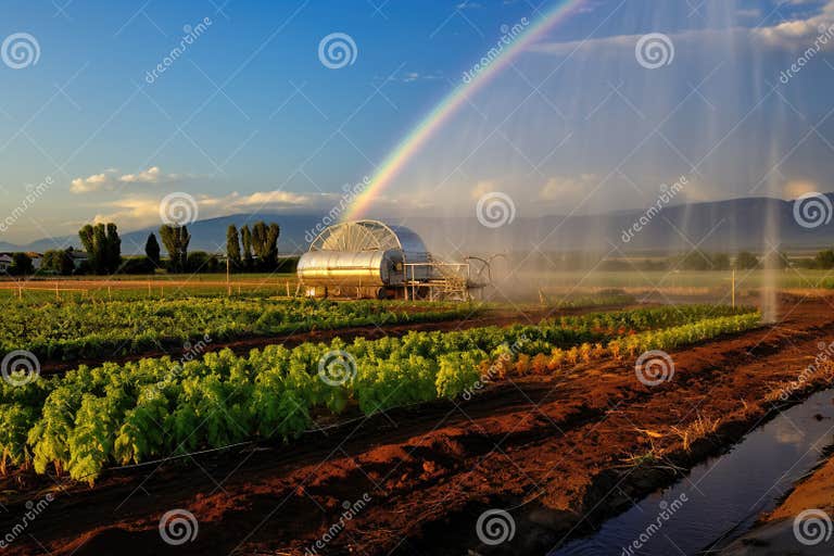 An Irrigation System in Operation, with a Rainbow Forming in the Spray Stock Image - Image of ...