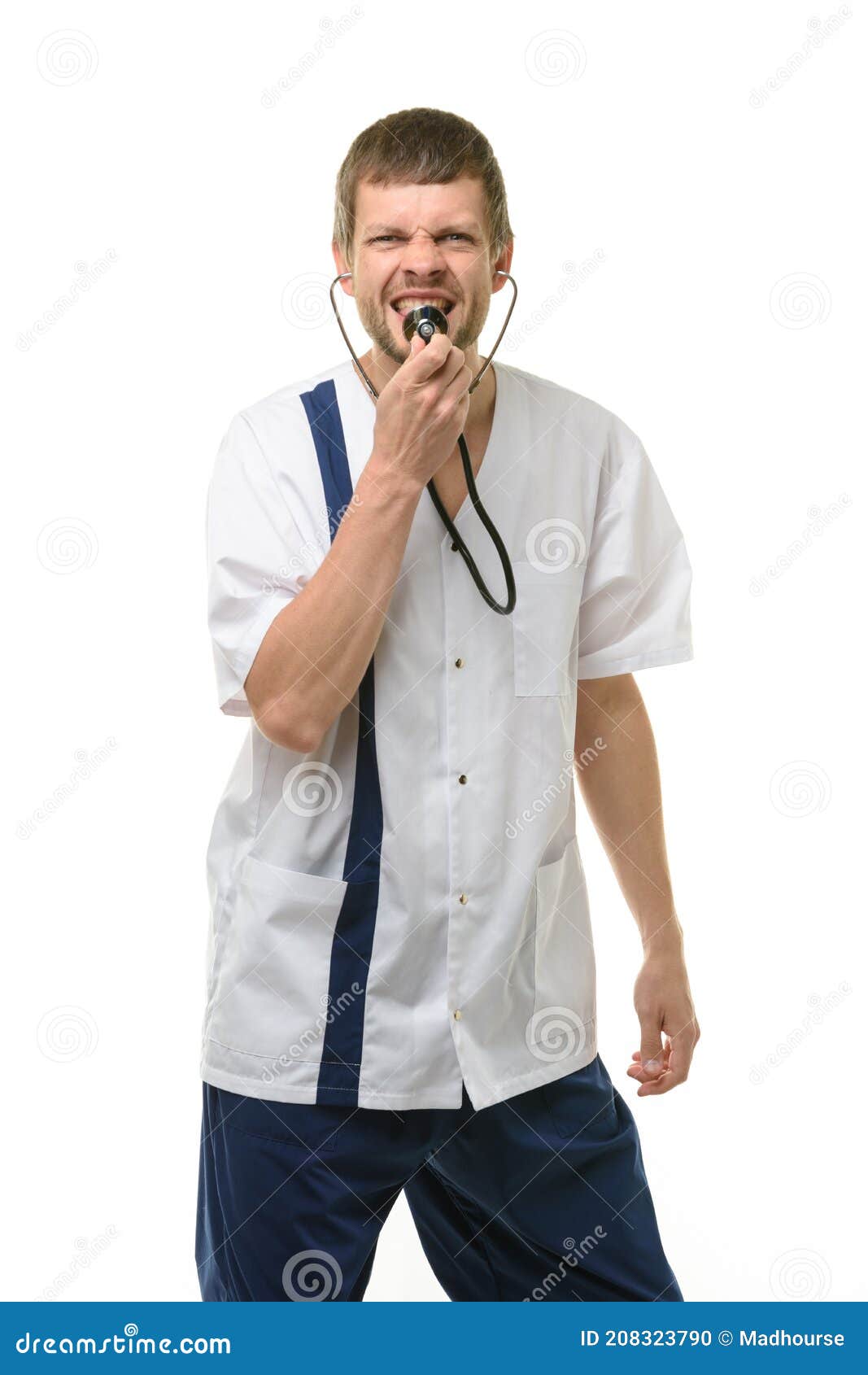 Irritated Doctor Yelling into Phonendoscope Head and Looking into Frame ...