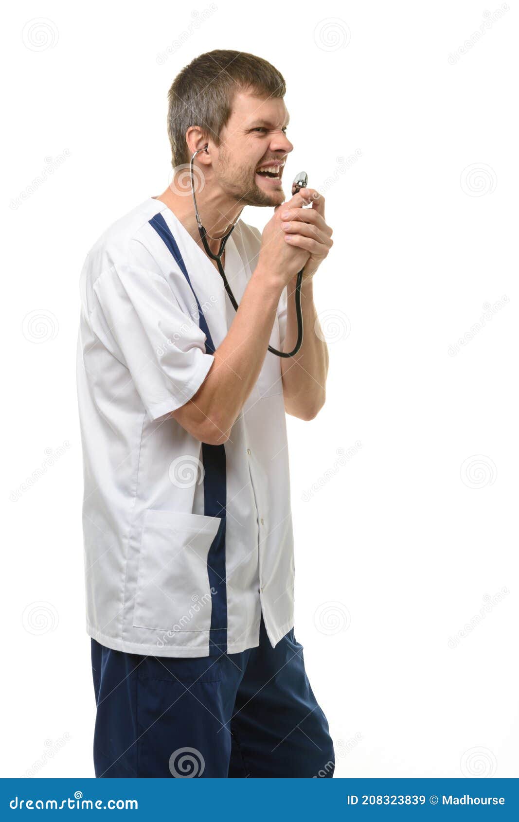 Irritated Doctor Yelling into Stethoscope Head Isolated on White ...