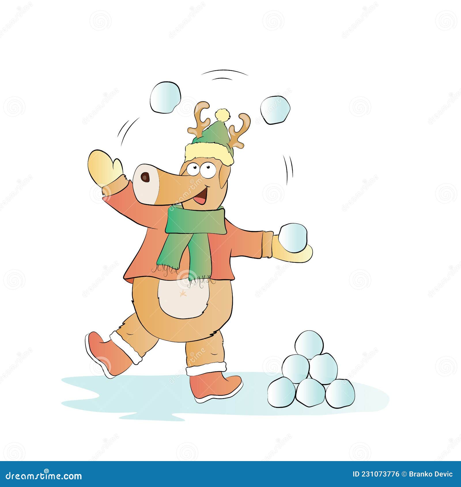 Funny Reindeer Play with Snow Balls Isolated on White Background Vector ...