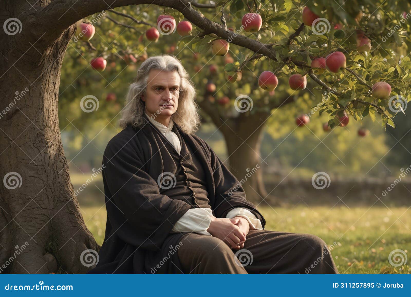 Isaac Newton the Famous Scientist Sit Under Apple Tree Stock ...