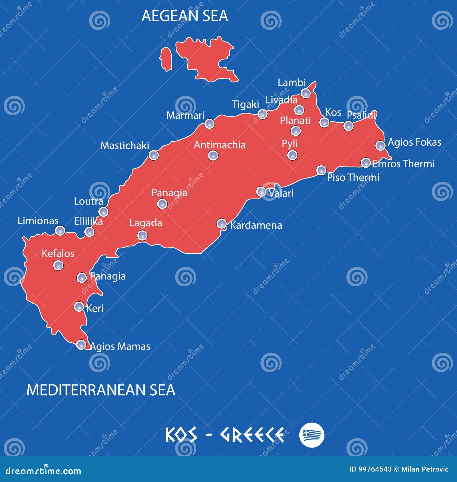 Isla De Kos En El Ejemplo Rojo Del Mapa De Grecia Ilustración del ...