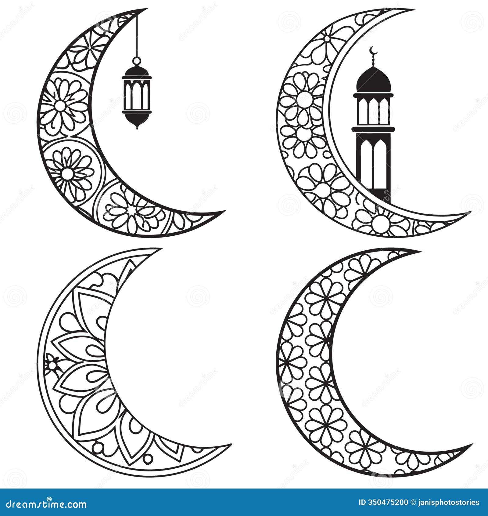 Ornate Crescent Moons with Lanterns and Floral Design, Black and White ...