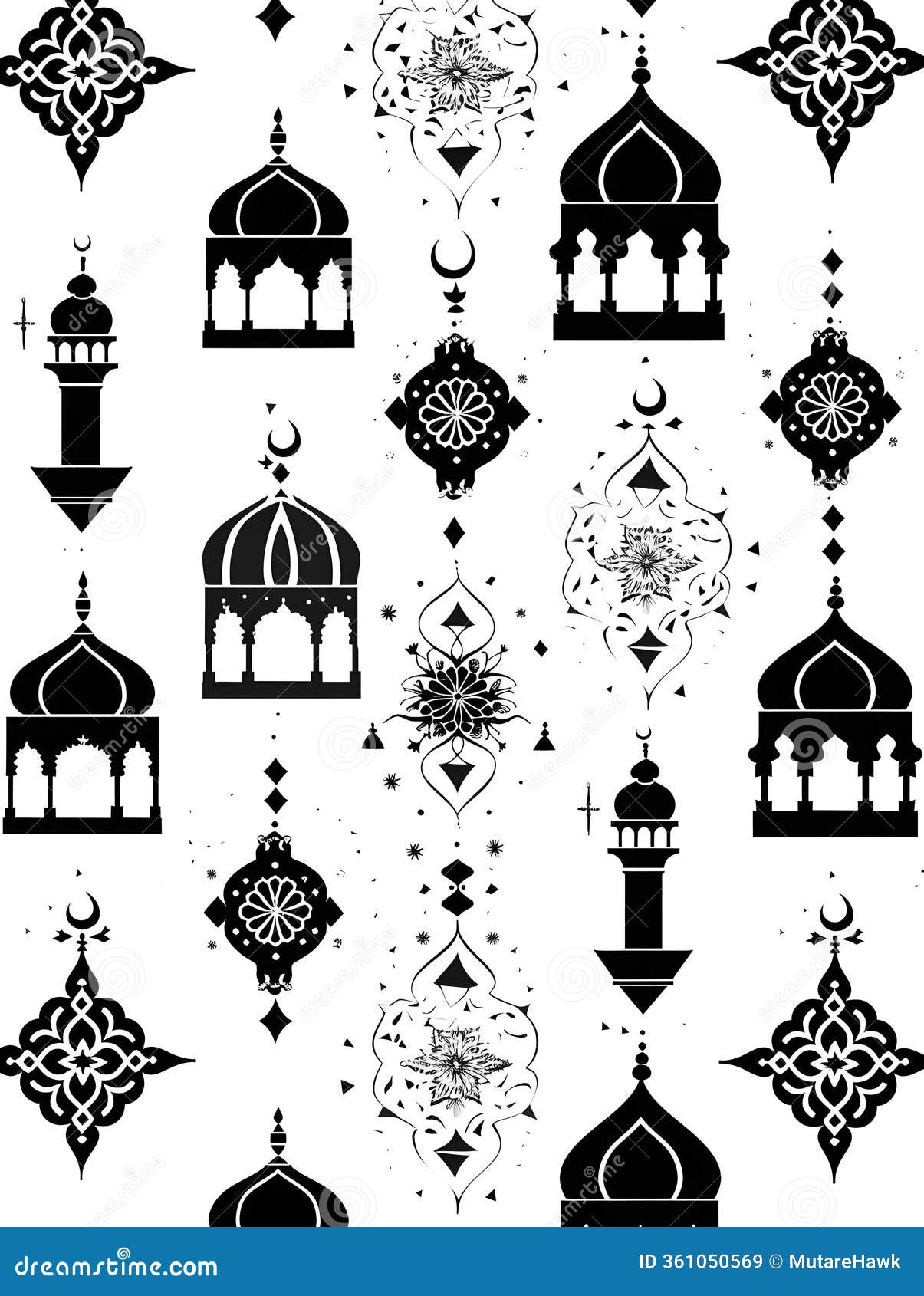 Islamic Architecture Seamless Pattern: Black and White Mosque Domes ...
