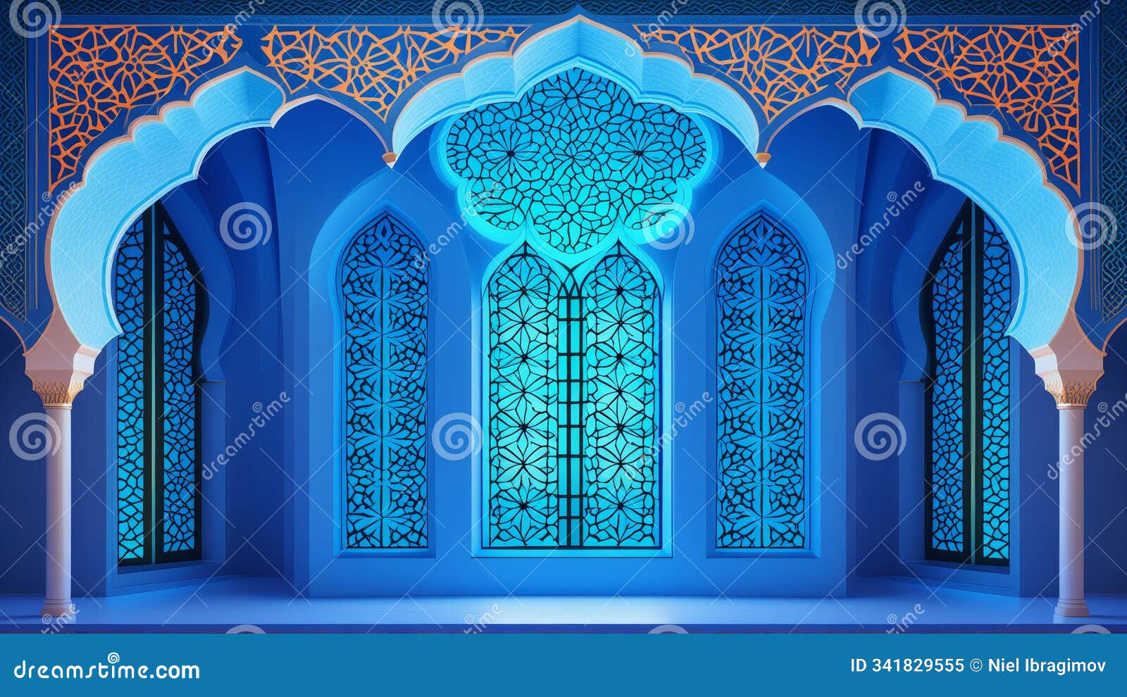 Islamic Architecture Window Pattern with Blue Glowing Light Stock Image ...
