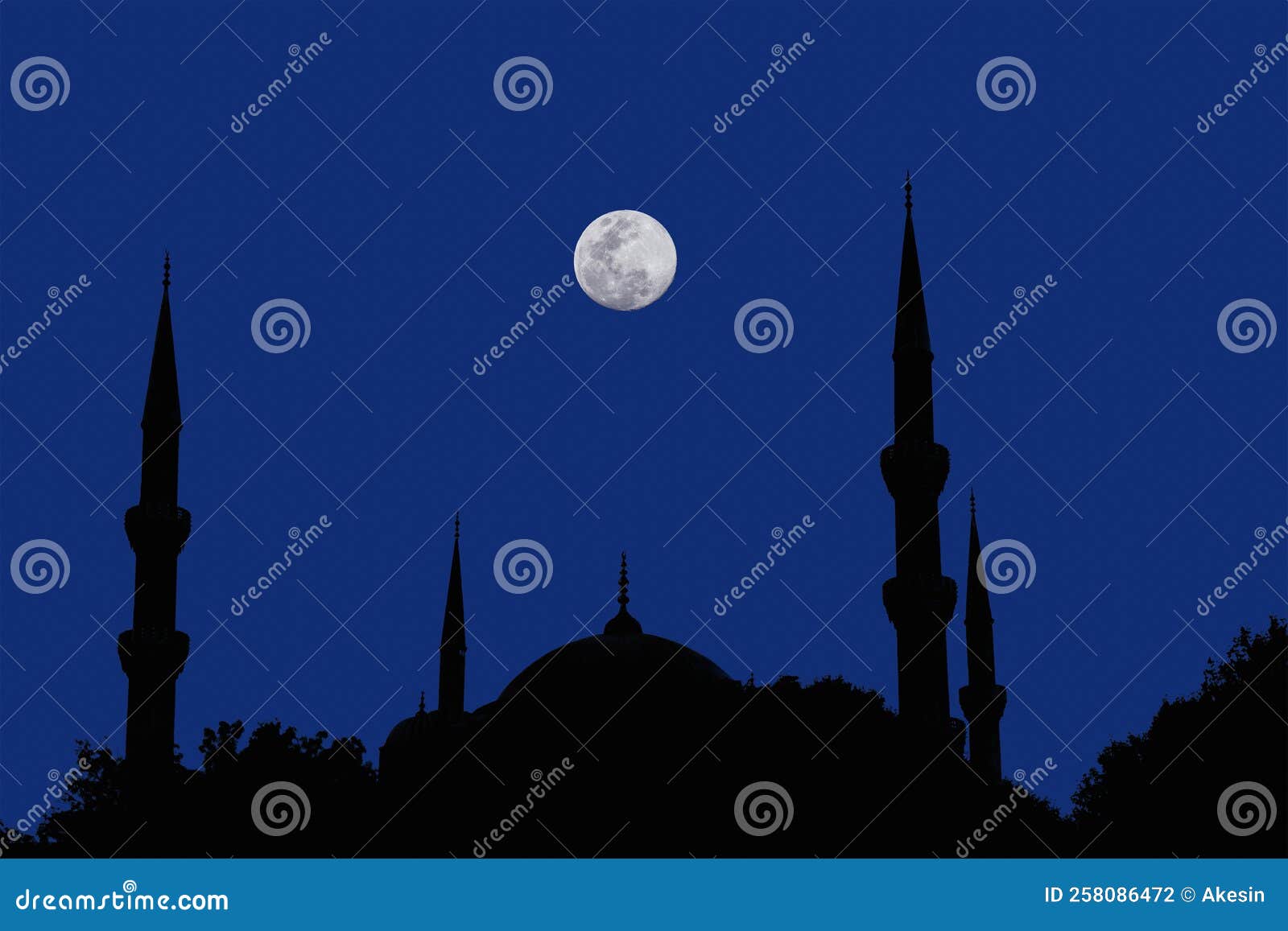 Silhouette Islamic Mosque at Night with Moon on Blue Sky Stock Photo ...