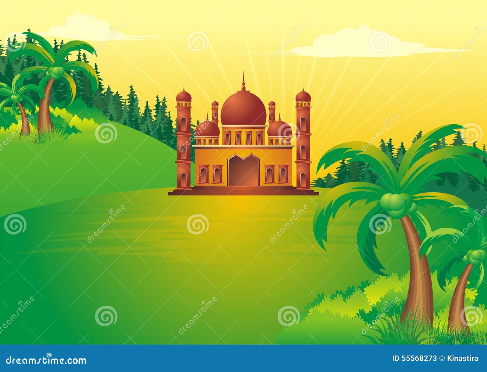 Islamic Cartoon with Mosque on Sunset Stock Illustration - Illustration ...