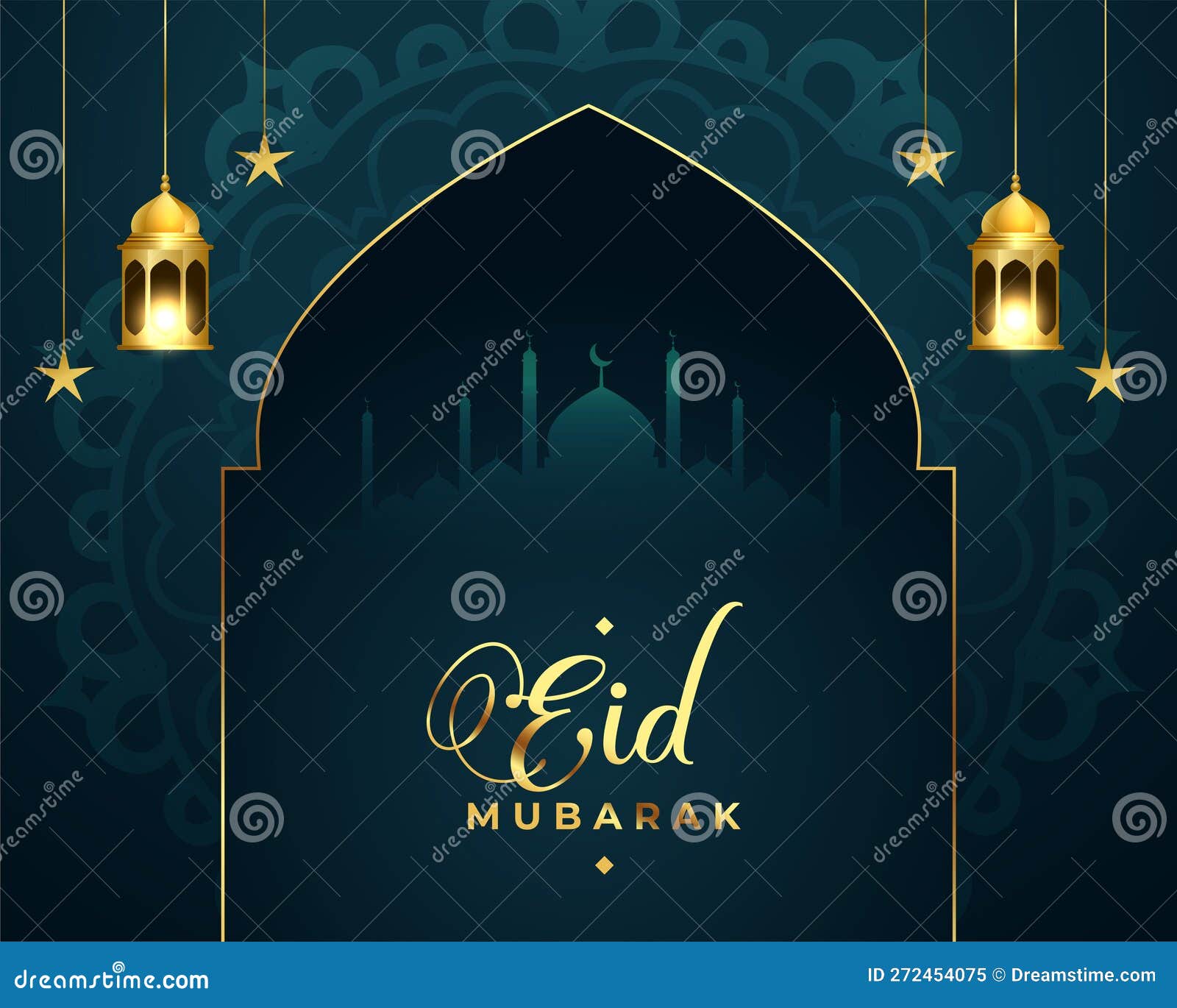 Islamic Eid Mubarak Mosque And Lantern Greeting Background Royalty-Free ...