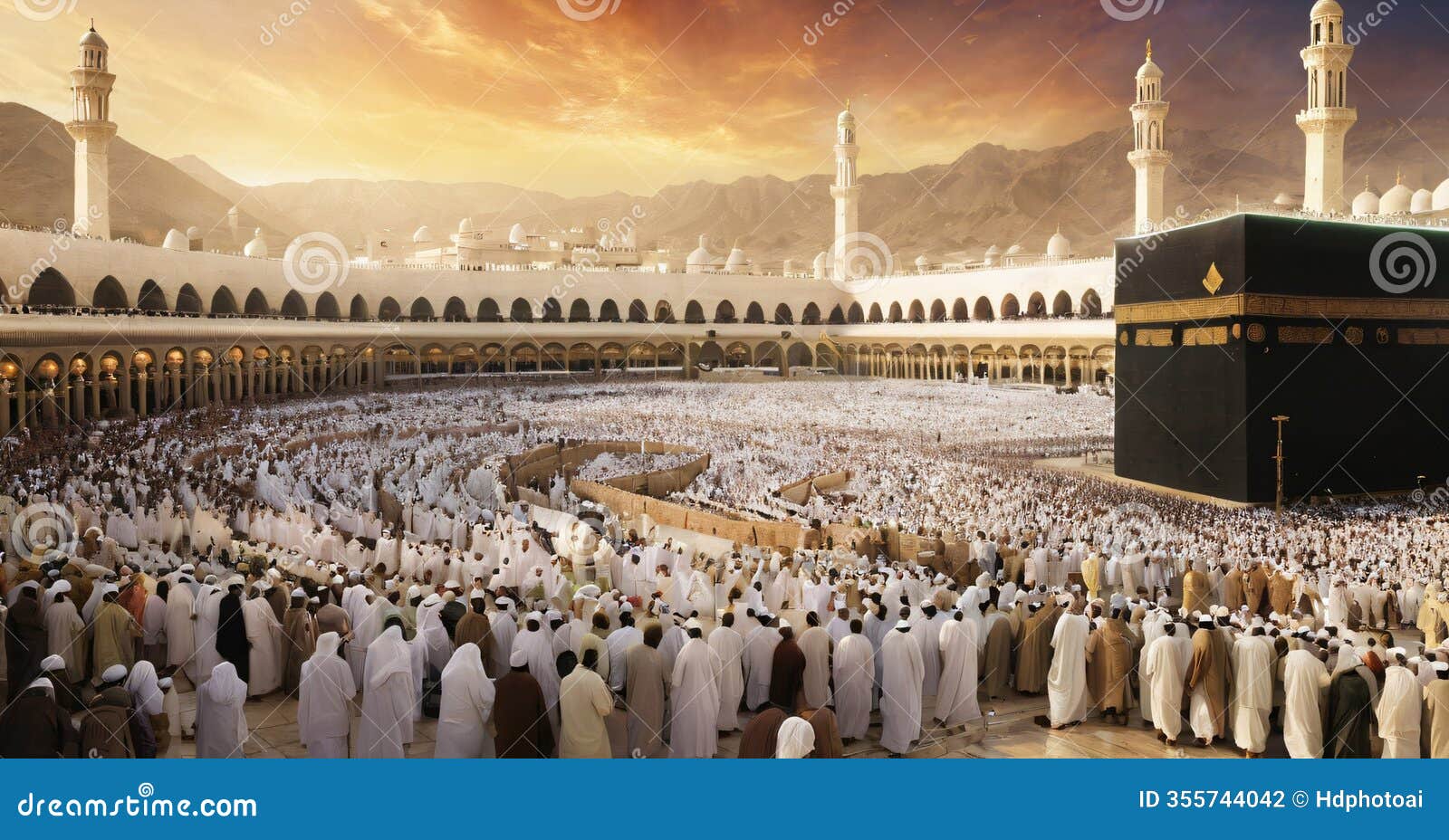 Islamic Hajj Pilgrimage. A Muslim Man Wears Ihram Clothes With A Kaaba ...