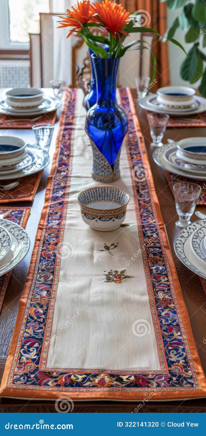 Islamic-inspired Table Runners with Embroidered Borders Stock ...